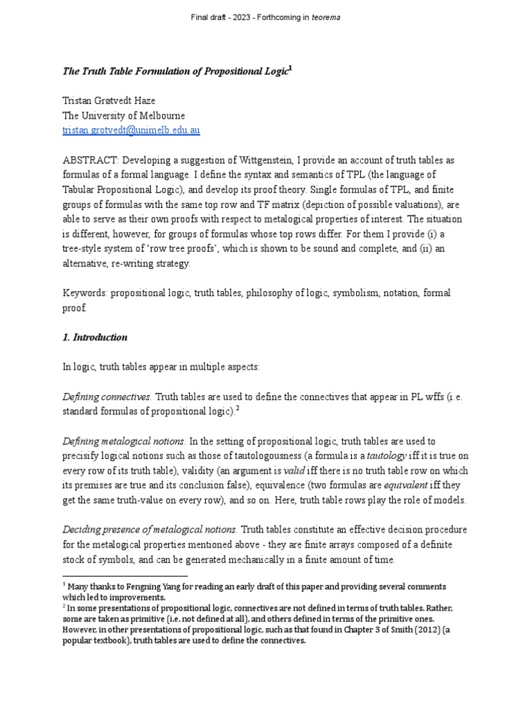 The Truth Table Formulation of Propositional Logic | PDF | Logic ... The Truth Table Formulation of Propositional Logic | PDF | Logic ...