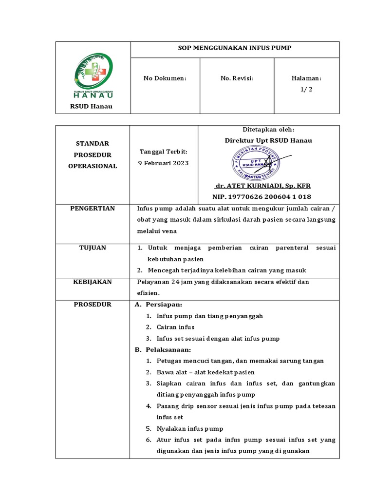 Sop Menggunakan Infus Pump | PDF | Pengembangan Diri | Kesehatan Holistik