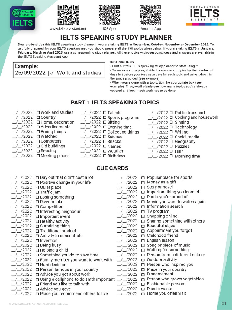 IELTS Speaking Study Planner September December 2022 | PDF ...
