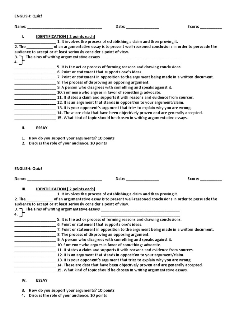 Argumentative Essay Quiz | PDF | Argument | Essays