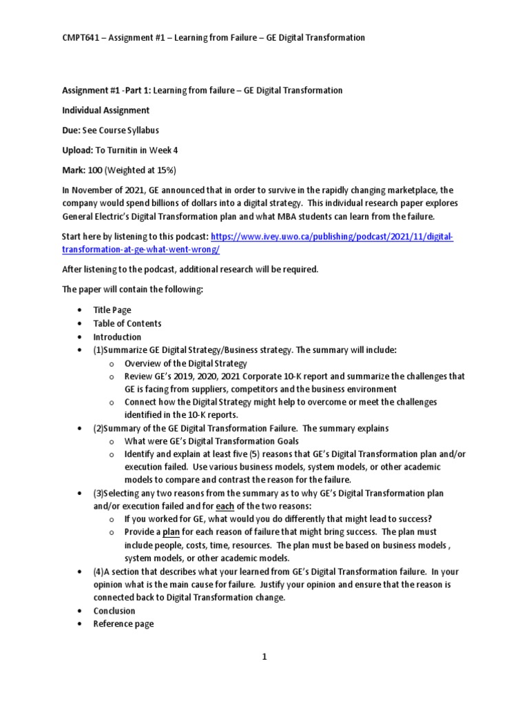 Assignment 1 - GE Digital Transformation - WINTER 2023 | PDF | Apa Style | Citation