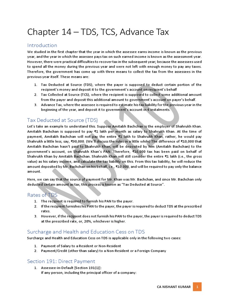 Chapter 14 - TDS, TCS, Advance Tax - Notes | PDF | Payments | Taxes