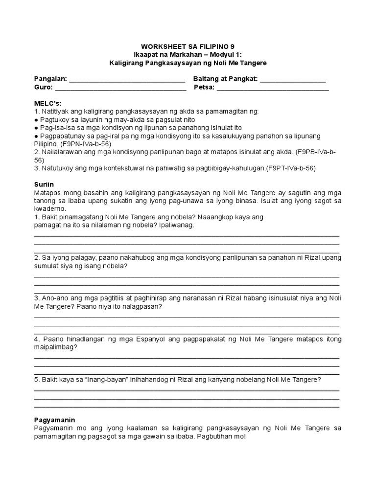 Worksheet Sa Filipino 9 Week 1 | PDF