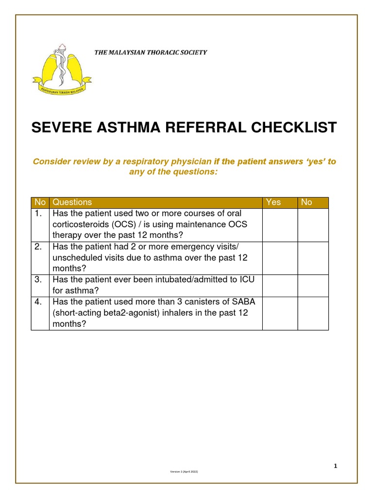 Severe Asthma Patient Referral Checklist | PDF | Asthma | Diseases And ...