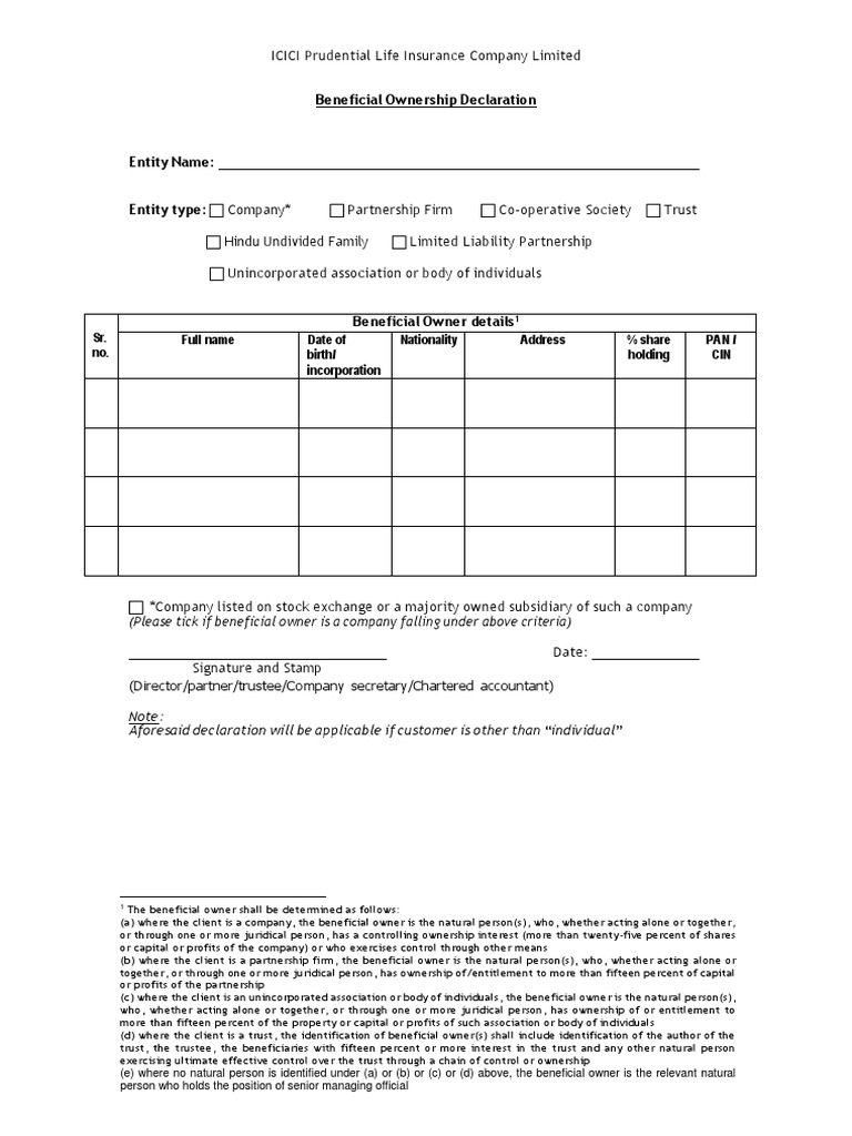 Beneficial Ownership Declaration - ICICI Prudential | PDF | Ownership ...