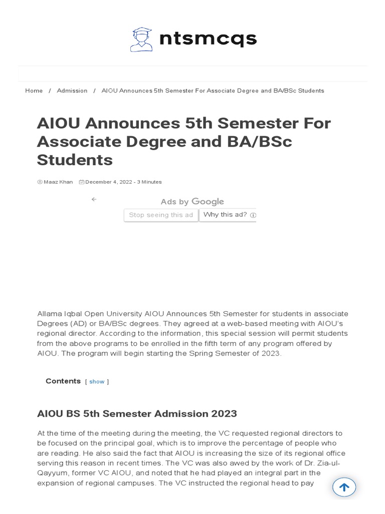 AIOU Announces 5th Semester For Associate Degree and BA - BSC Students ...