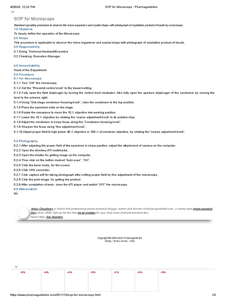 SOP For Microscope - Pharmaguideline | PDF | Microscope | Vision