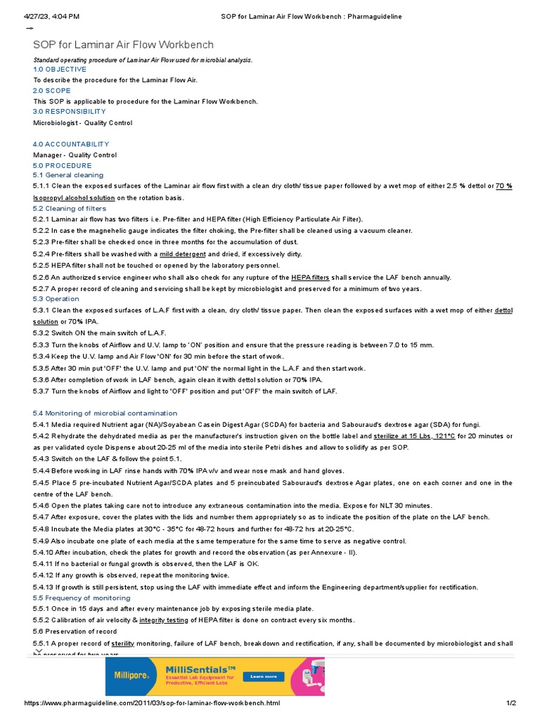SOP For Laminar Air Flow Workbench - Pharmaguideline | PDF | Agar