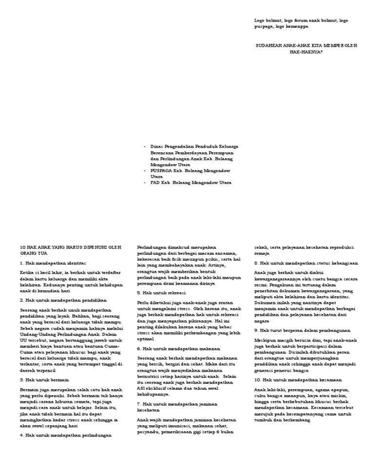 Konsep Leaflet - 10 HAK ANAK YANG HARUS DIPENUHI OLEH ORANG TUA | PDF