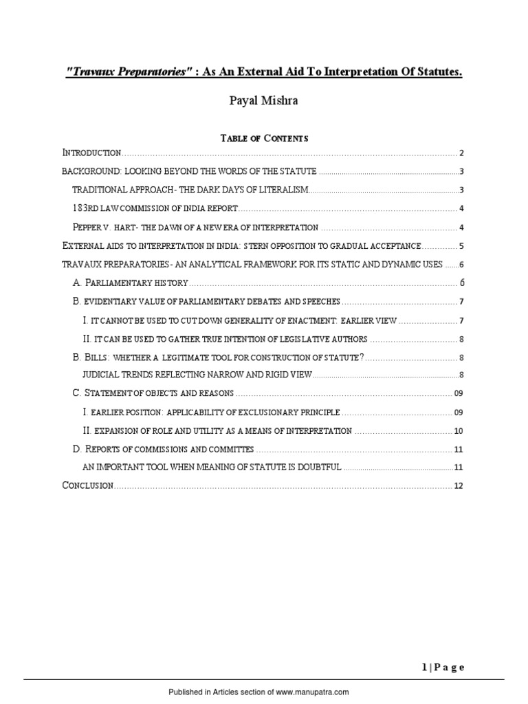 "Travaux Preparatories": As An External Aid To Interpretation of ...