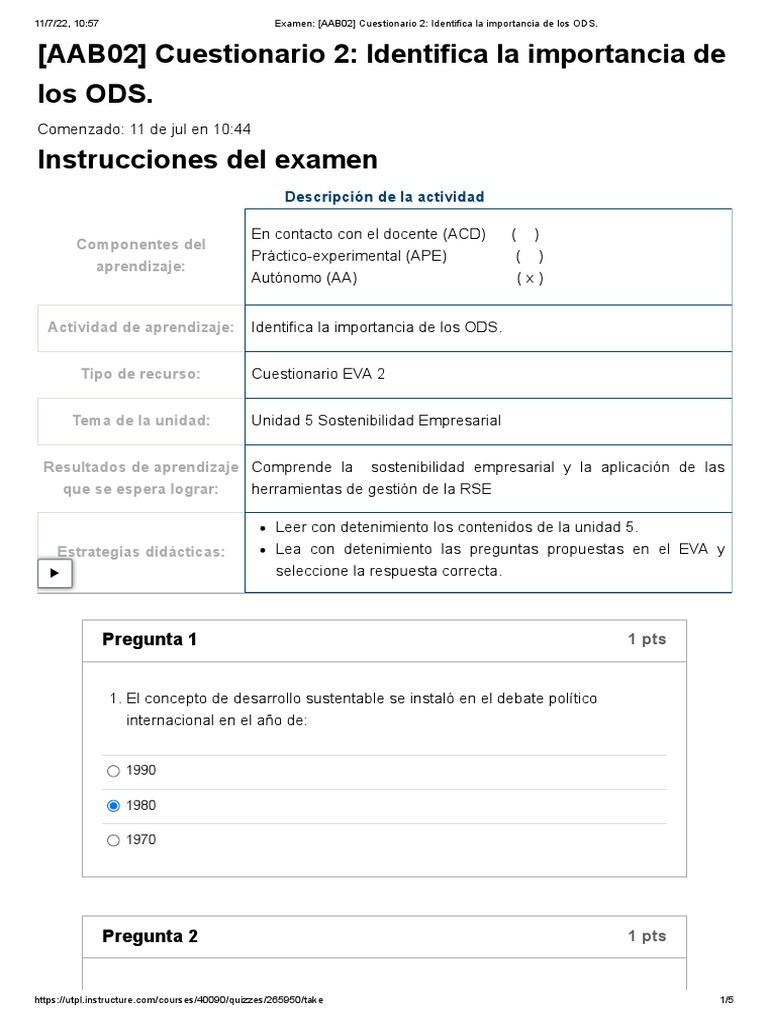 Examen - (AAB02) Cuestionario 2 - Identifica La Importancia de Los ODS | PDF | Entorno natural ...