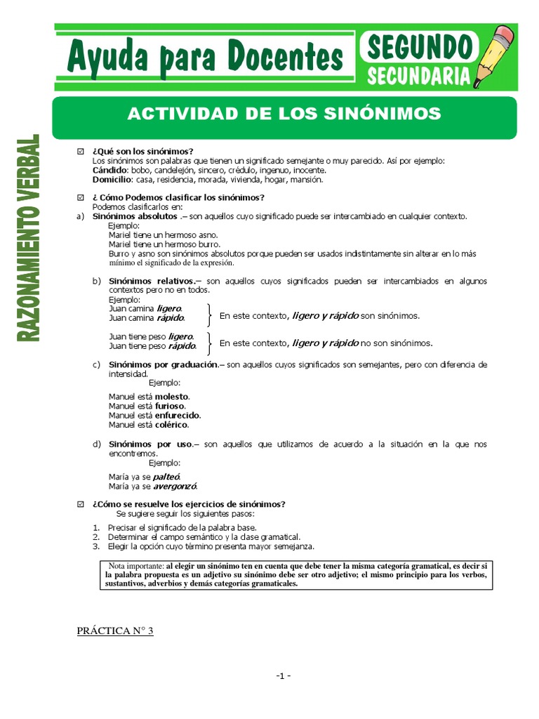 Actividad de Los Sinonimos para Segundo de Secundaria | PDF