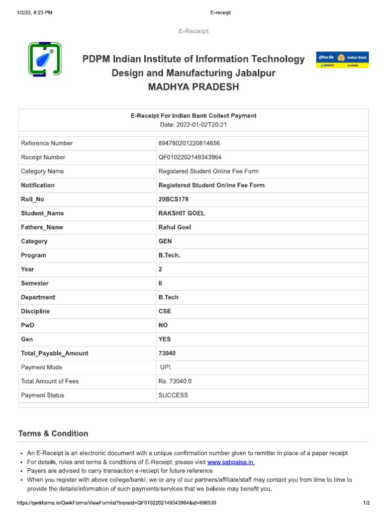 4th Sem Fee Payment Receipt | PDF