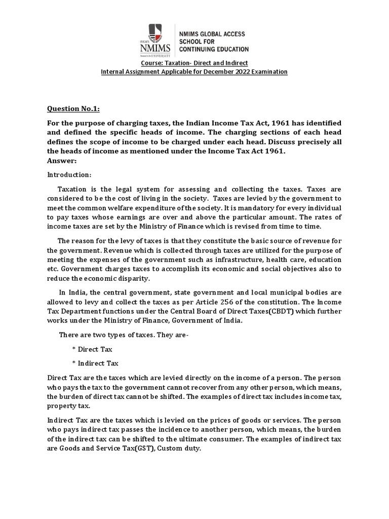 Taxation Direct and Indirect NMIMS Assignment | PDF | Cost Of Living | Taxes