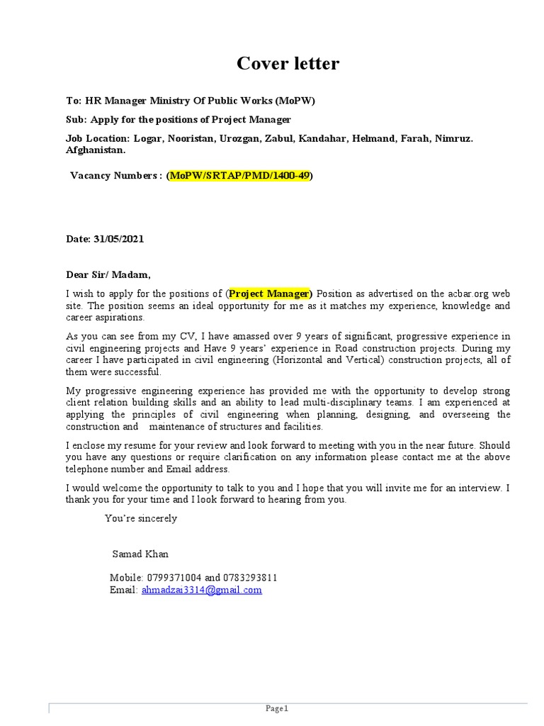 Cover Letter of Samad Khan Ahmadzai | PDF