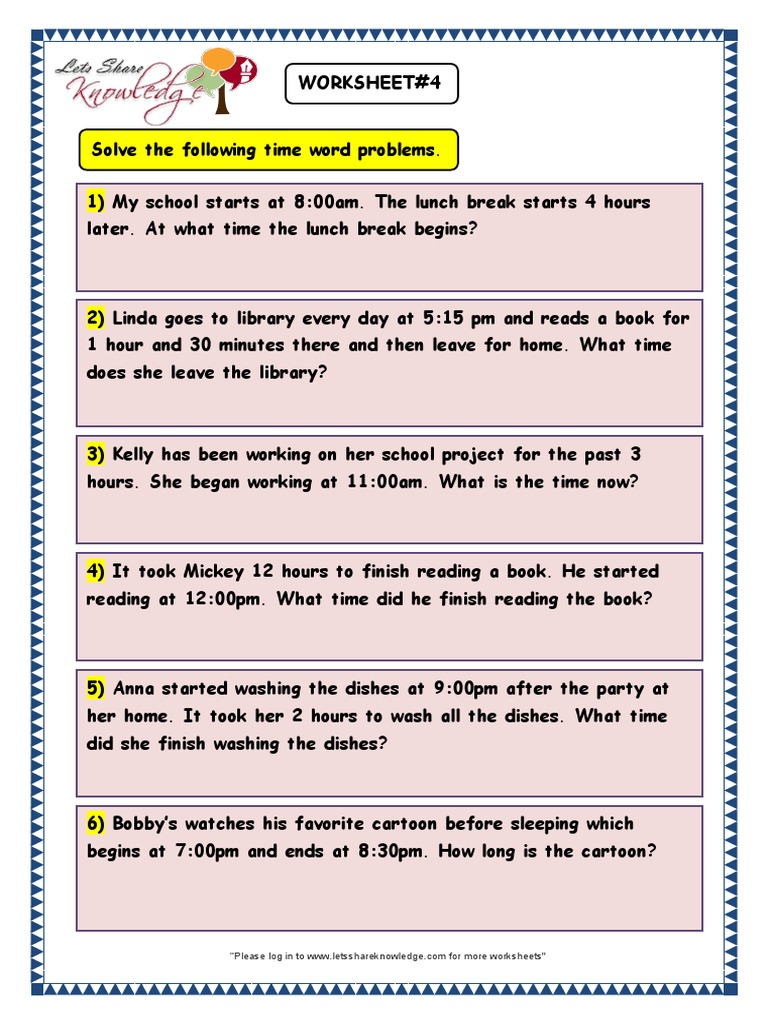 Grade 3 Maths Worksheets Time Word Problems Worksheet 4 | PDF