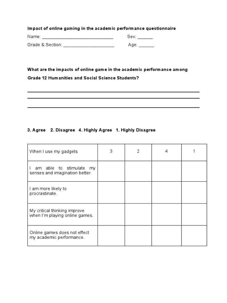 Impact of Online Gaming in The Academic Performance Questionnaire | PDF