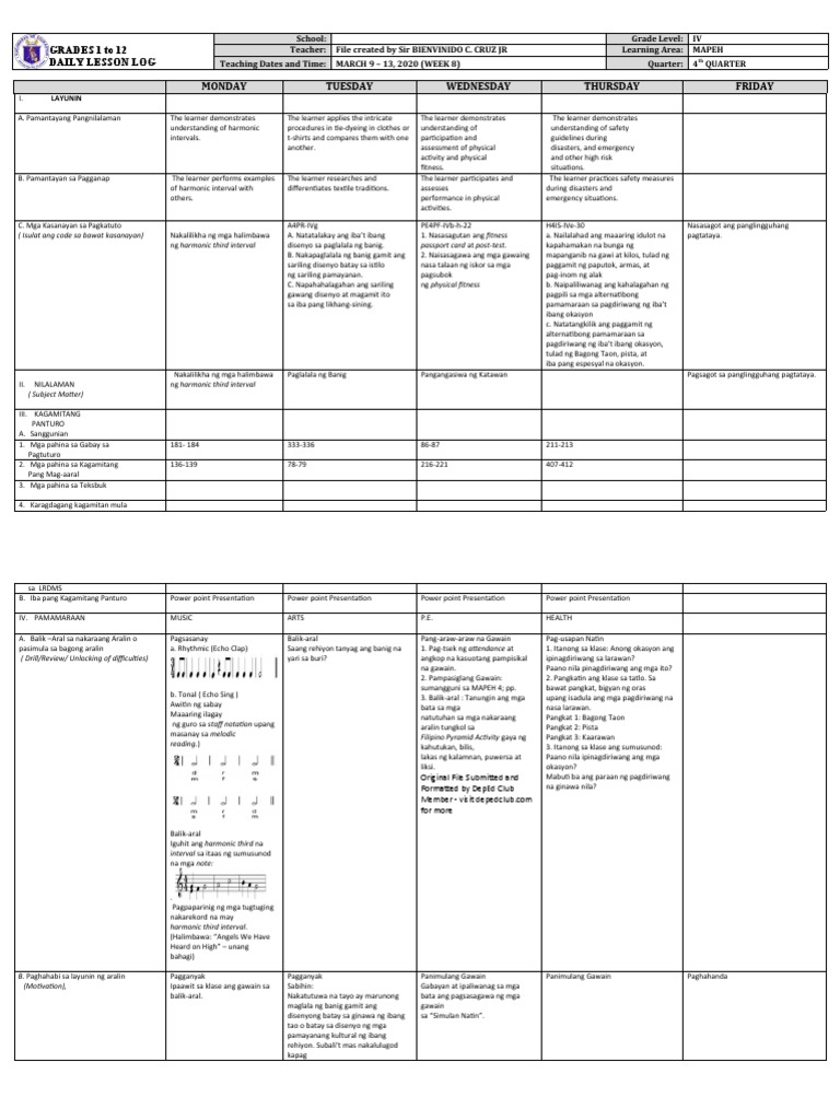 DLL - Mapeh 4 - Q4 - W8 | PDF