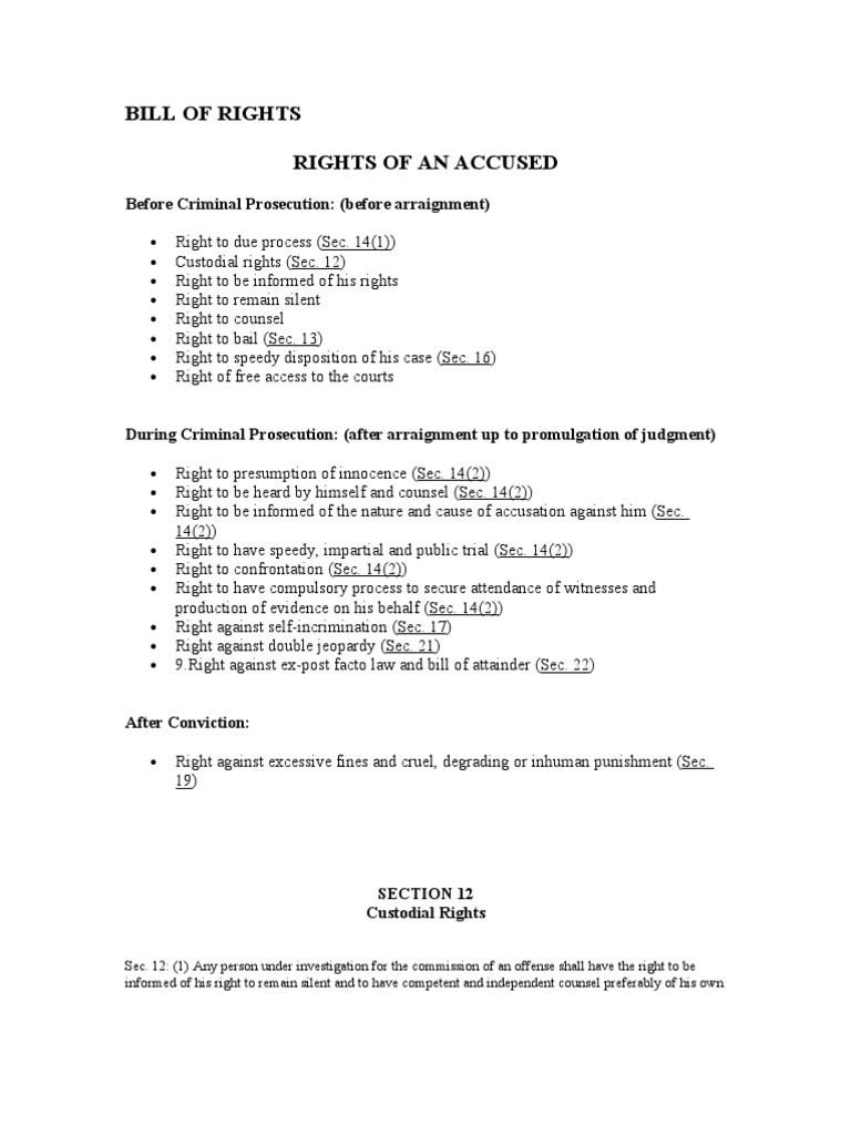 Bill of Rights Rights of An Accused: Before Criminal Prosecution ...