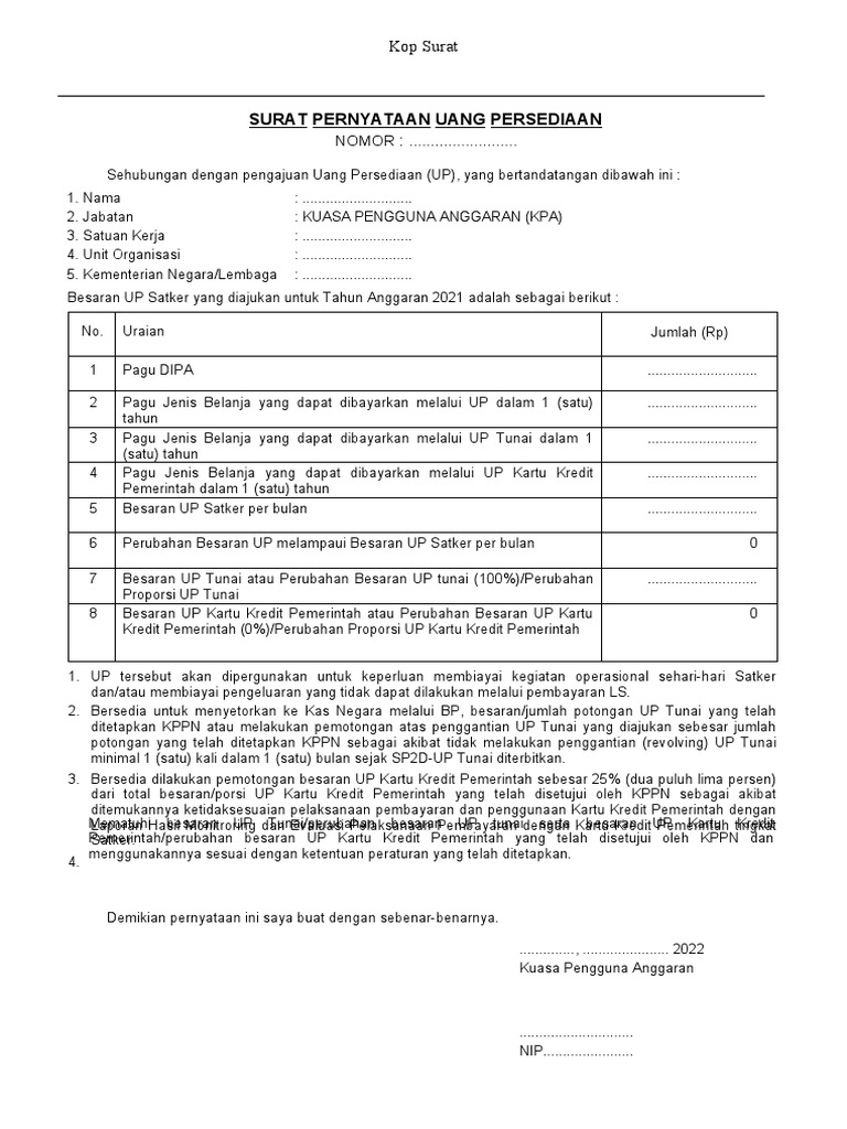 Surat Pernyataan UP-100% Tunai | PDF
