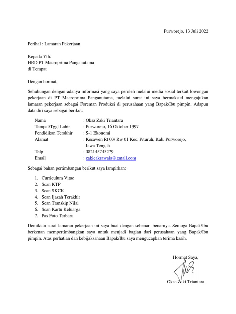 Foreman Produksi Surat Lamaran Kerja | PDF | Karier & Perkembangan