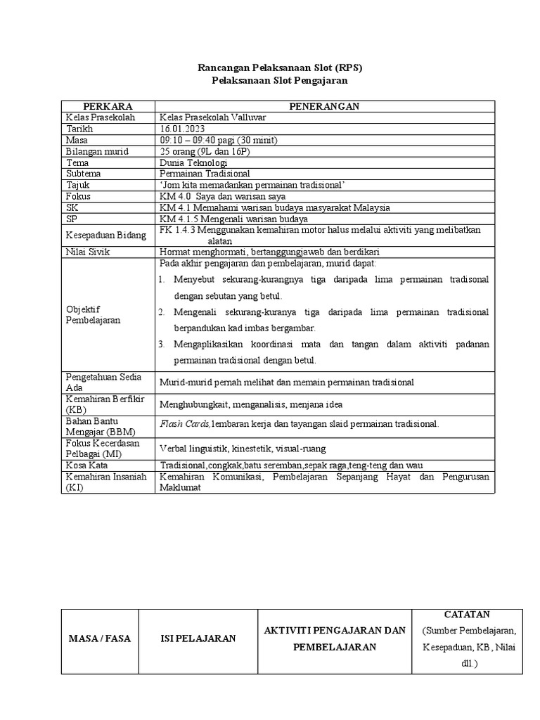 Rancangan Pengajaran Slot (RPS) Lembaran Kerja | PDF