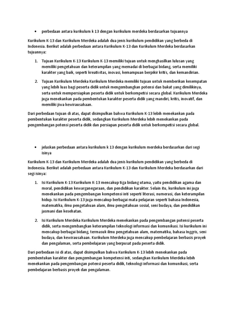 Perbedaan Antara Kurikulum K 13 Dengan Kurikulum Merdeka Berdasarkan Tujuannya | PDF