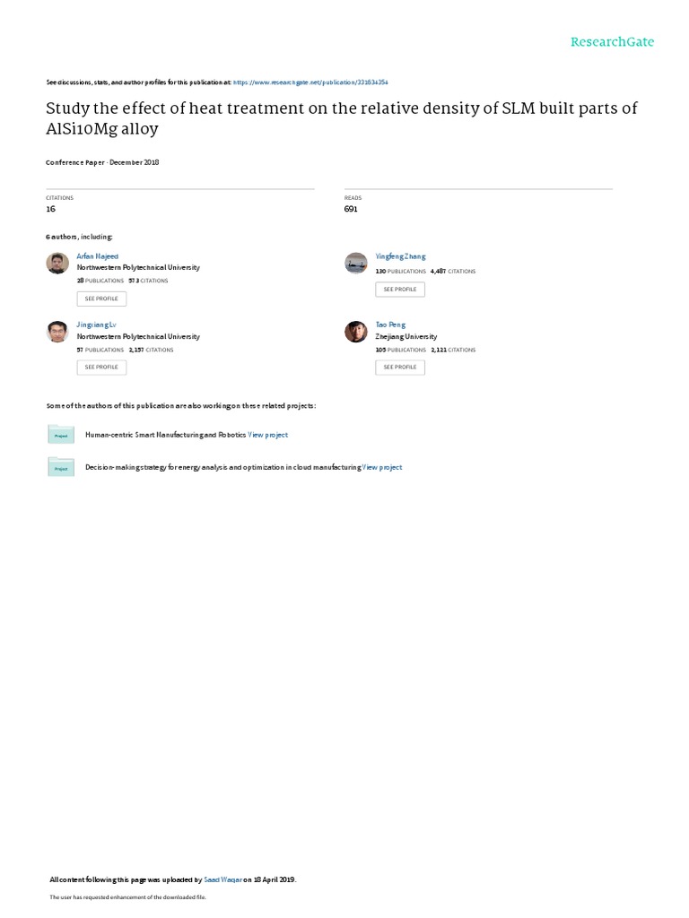 Study The Effect of Heat Treatment On The Relative Density of SLM Built Parts of AlSi10Mg Alloy ...