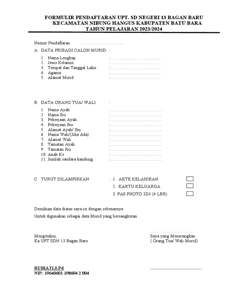 Formulir Pendaftaran Siswa Baru | PDF