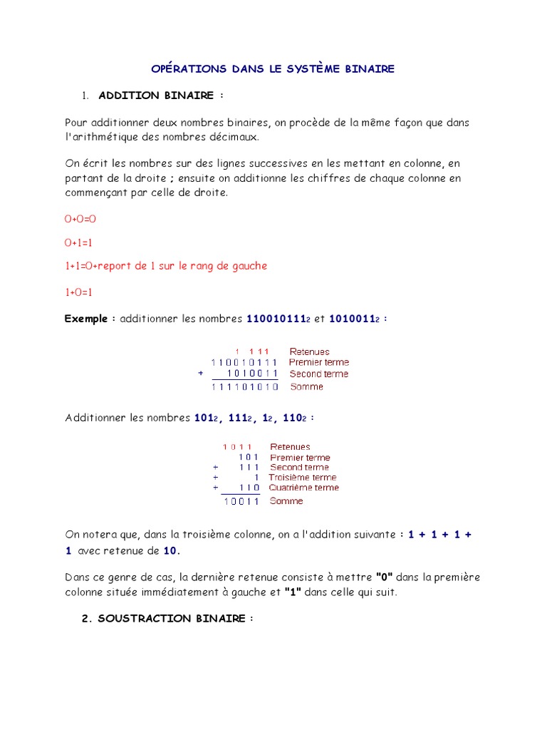 Cours 3 OPÉRATIONS DANS LE SYSTÈME BINAIRE | PDF
