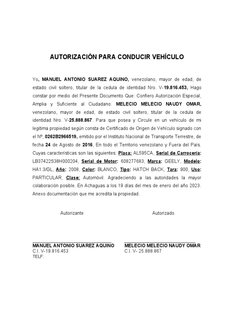 Autorización para Conducir Vehículo | PDF