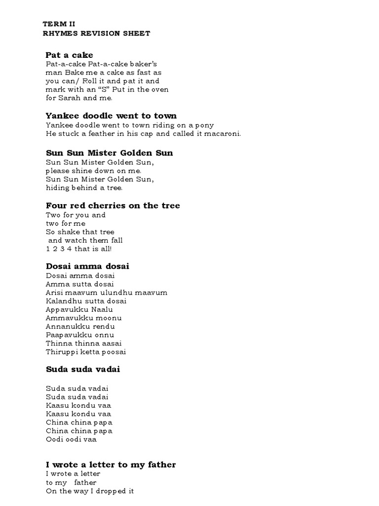 Rhymes Revision Sheet Term Ii | PDF | Rainbow | Color