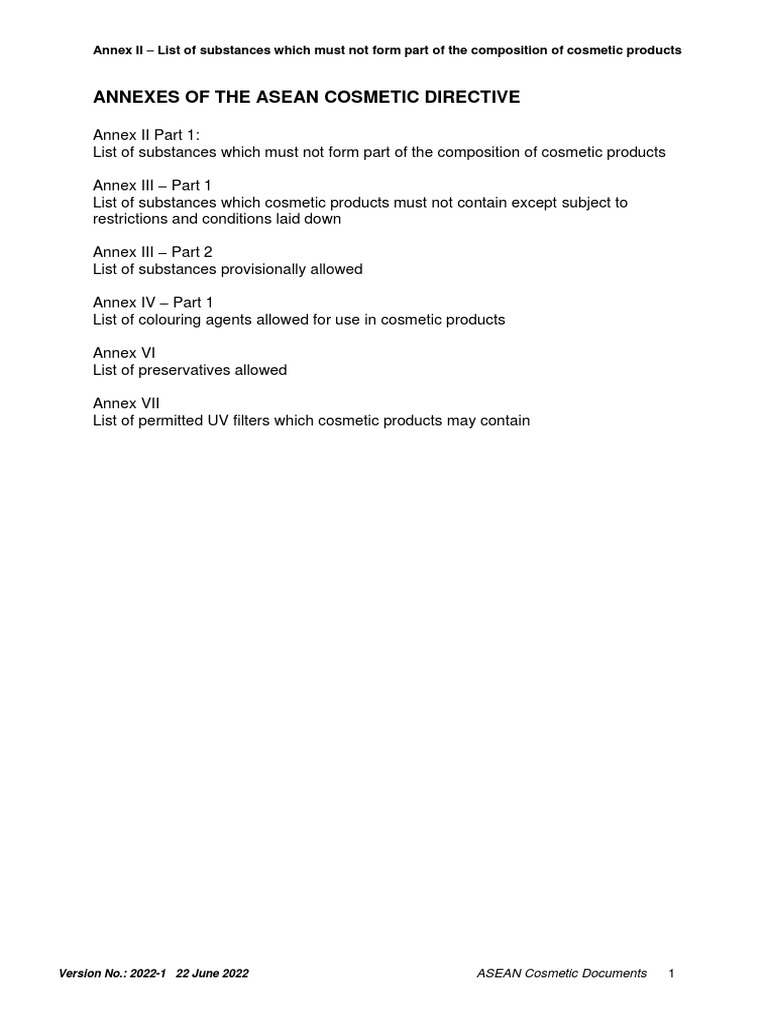 Annexes of The Asean Cosmetic Directive (Updated Jun22) | Download Free ...
