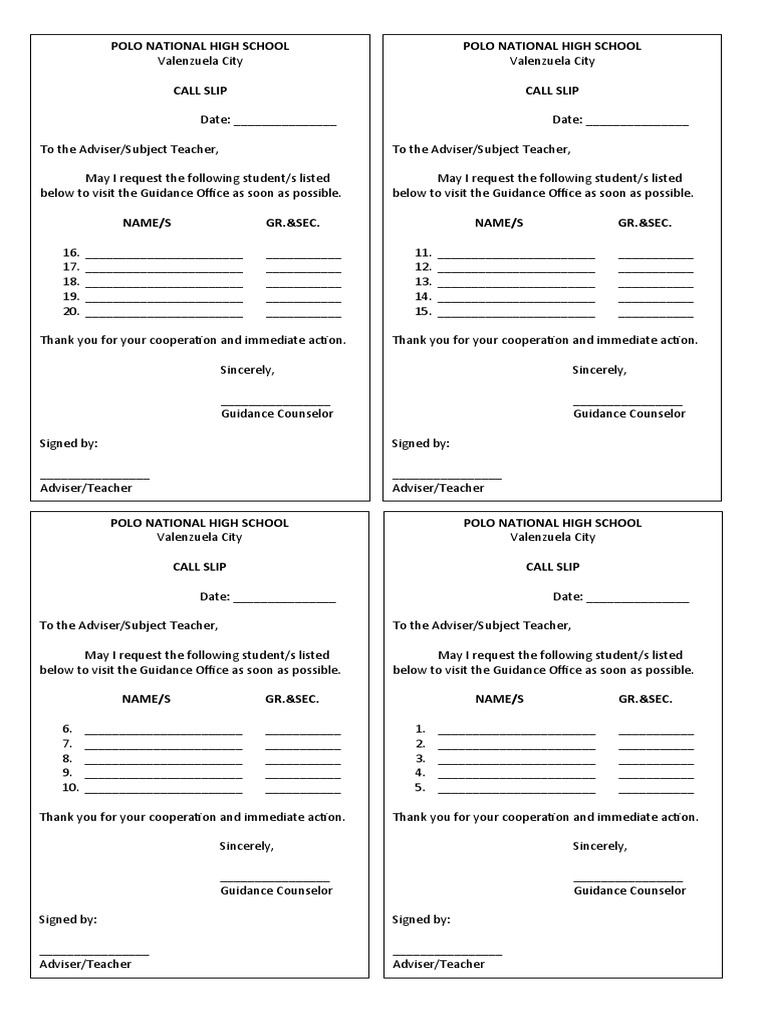 Student Call Slip for Guidance Office | PDF