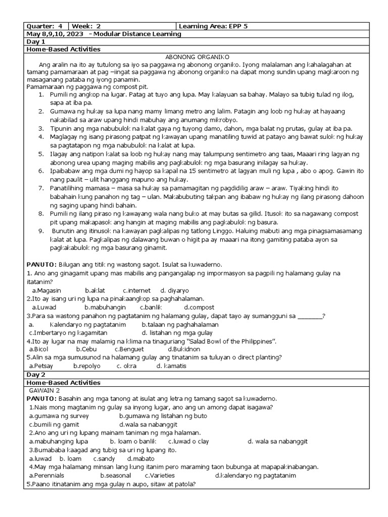 Quarter: 4 Week: 2 Learning Area: EPP 5 May 8,9,10, 2023 - Modular Distance Learning Day 1 Home ...