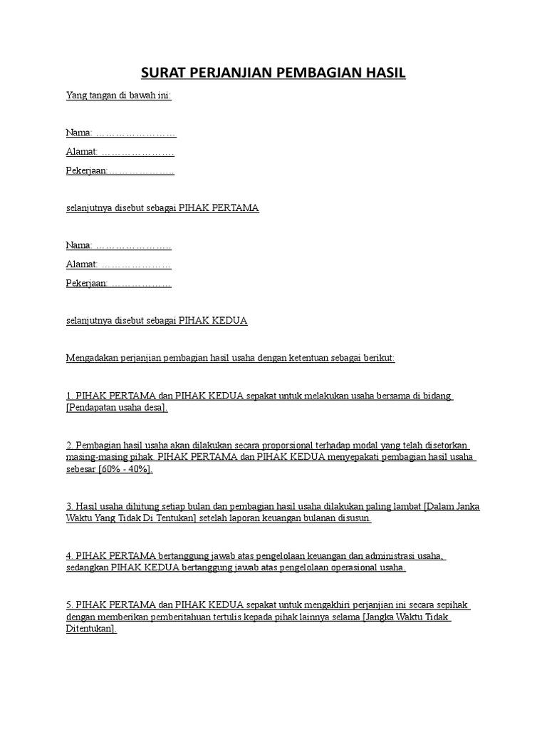 Surat Perjanjian Pembagian Hasil | PDF