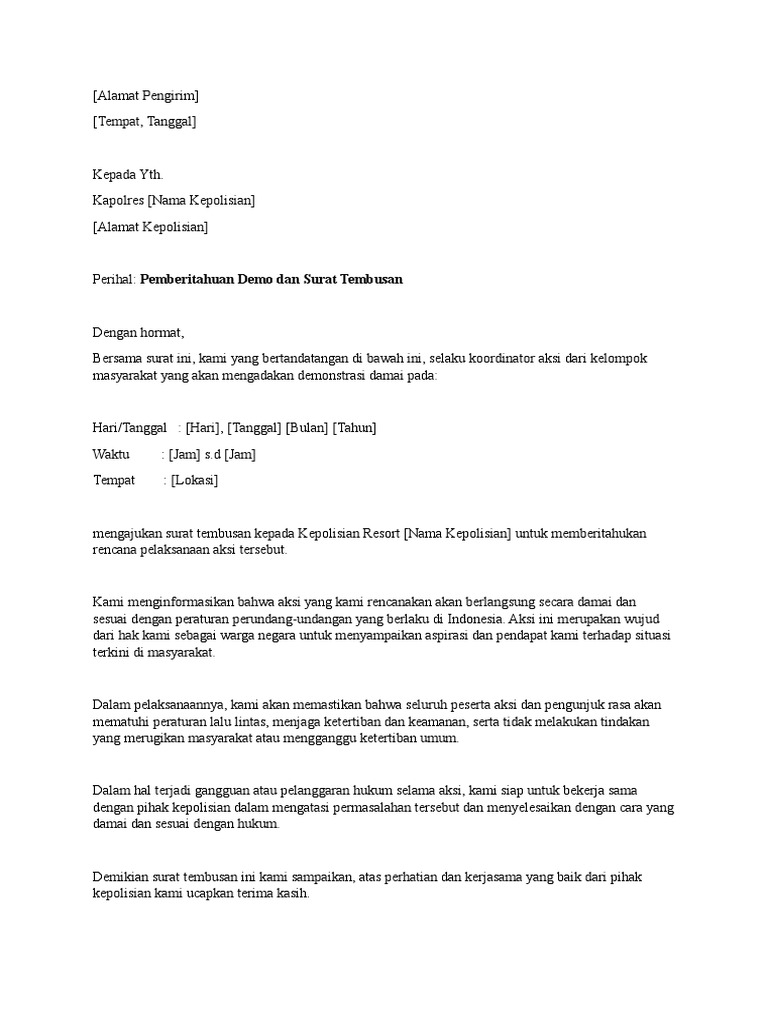 Surat Tembusan Pemberitahuan Demo | PDF