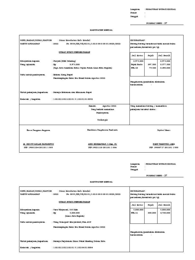 Format Bend - 27 Kabupaten Kendal: Kuasa Pengguna Anggaran Bendahara Pengeluaran Pembantu ...