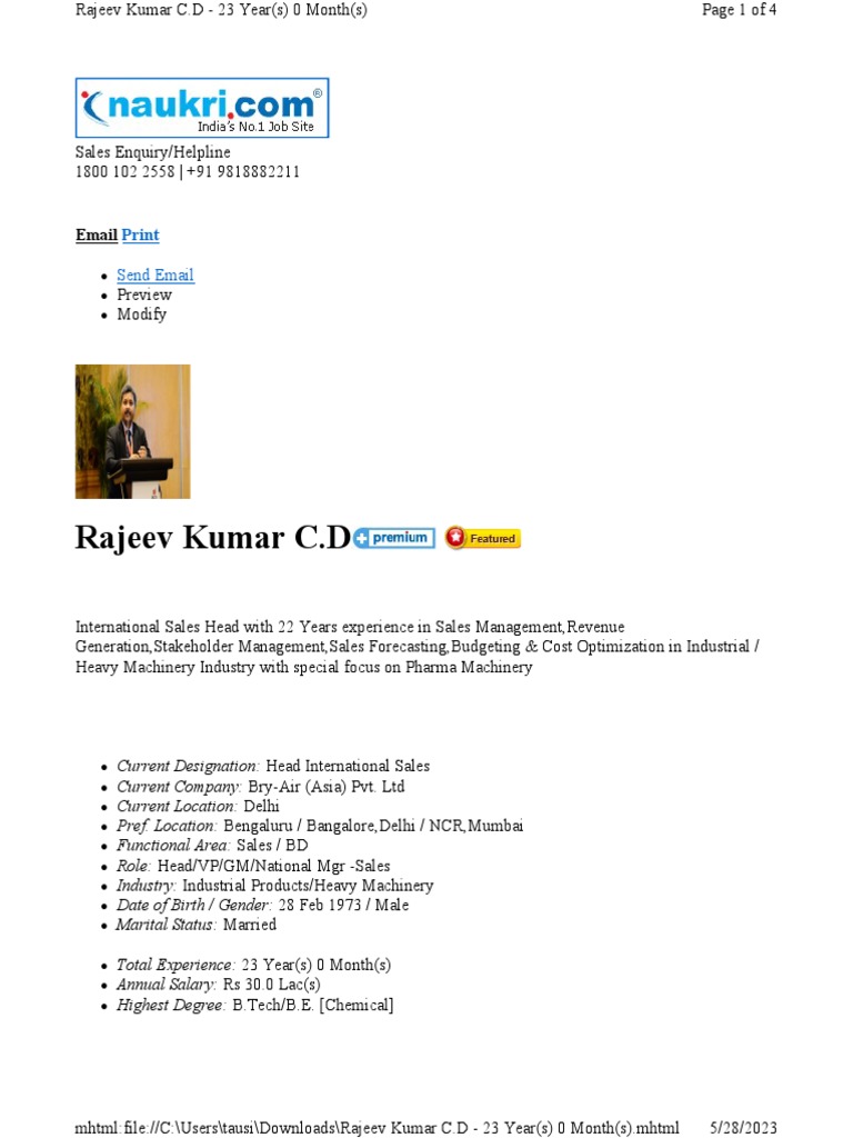 Rajeev Kumar C.D - 23 Year(s) 0 Month(s) | PDF | Sales