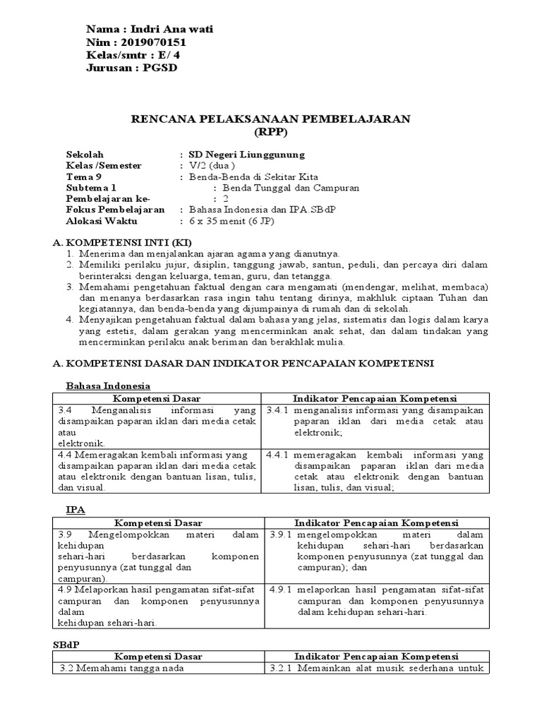 Zat-Camp RPP Kelas 5 Tema 9 Subtema 1 Pembelajaran 2 | PDF