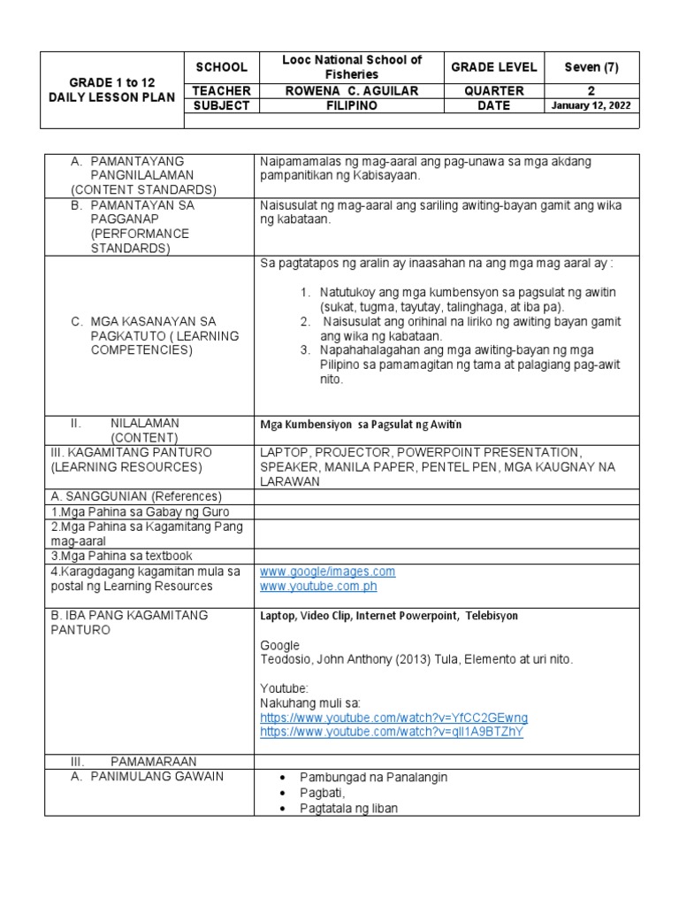 Grade 7 Filipino 2nd Quarter Lesson Plan | PDF | Language Arts ...