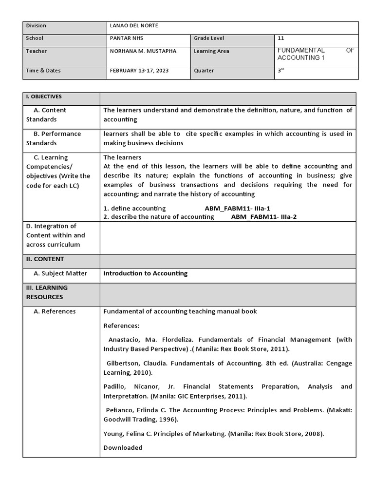 FABM 1 DLP WEEK 1 | PDF | Learning | Teachers