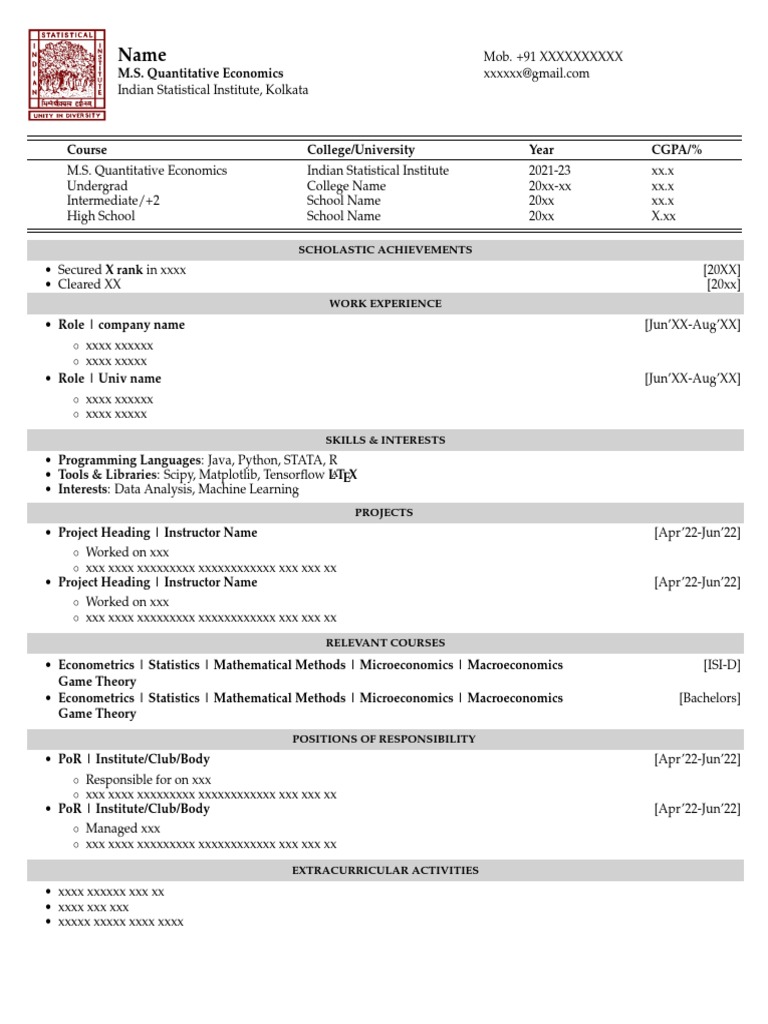 ISI Kolkata M.S. Quantitative Economics CV | PDF | Economics | Computing