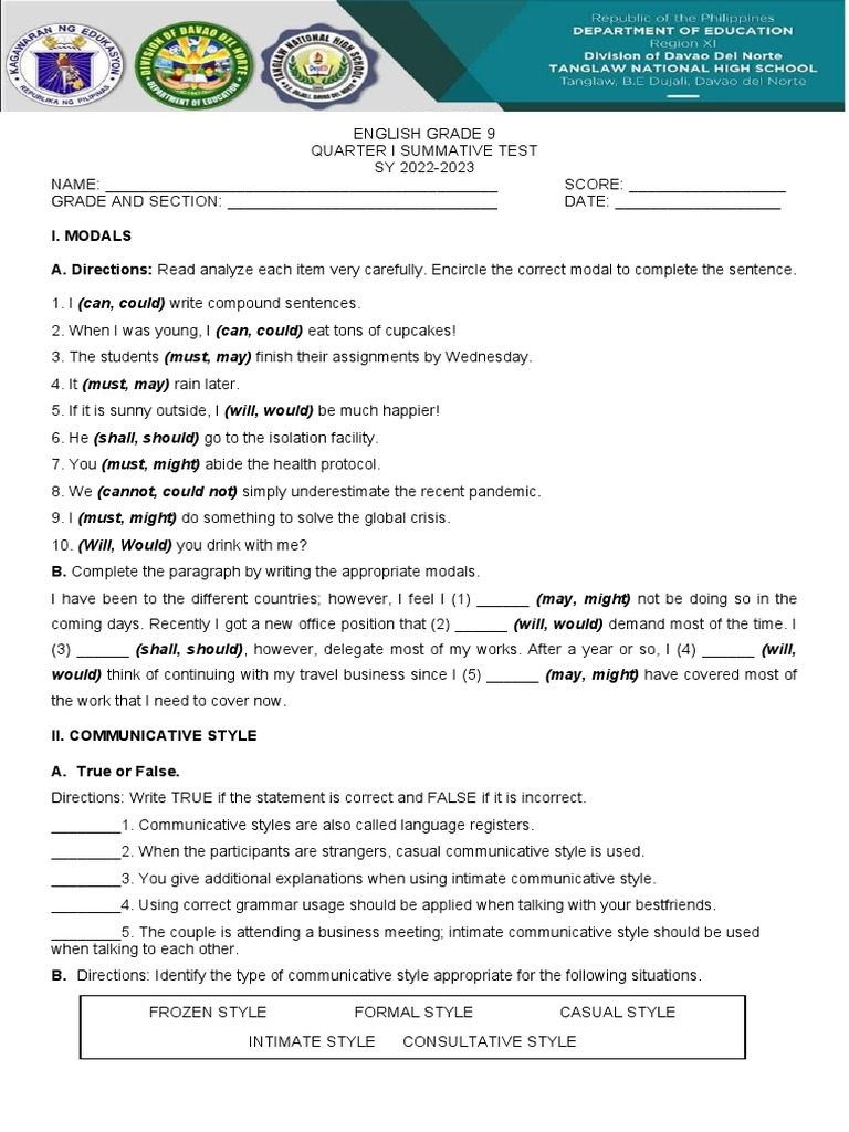 ENGLISH GRADE 9 Summative Test | PDF | Career & Growth
