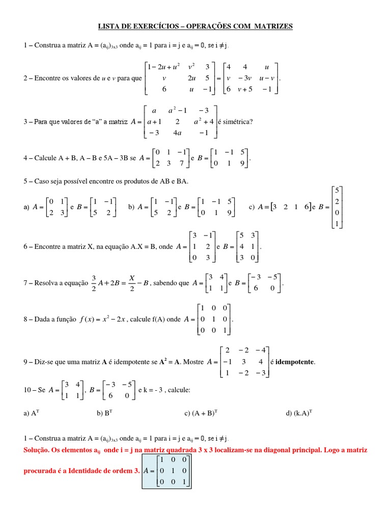 LISTA DE EXERCÍCIOS Matrizes | PDF | Matriz (Matemática) | Física ...