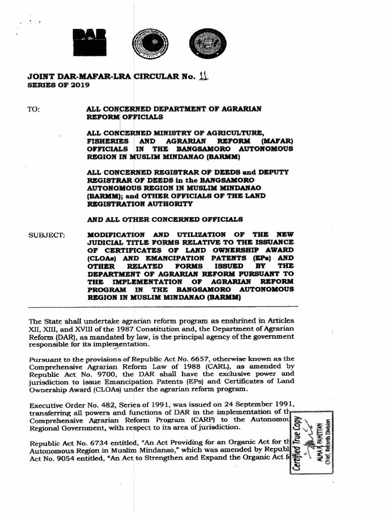 DAR MAFAR LRA Joint DAR MAFAR LRA Memorandum Circular No 11 Series of 2020 | PDF