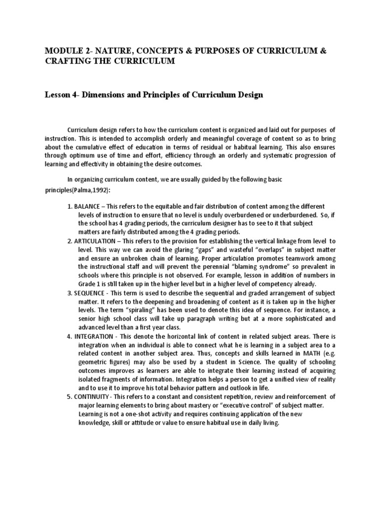 Module2 Dimension and Principles of Curr | PDF | Learning | Curriculum