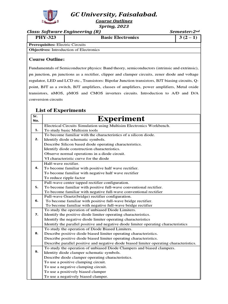 Course Outlines Basic Electronics Spring 2023 | PDF | Rectifier ...