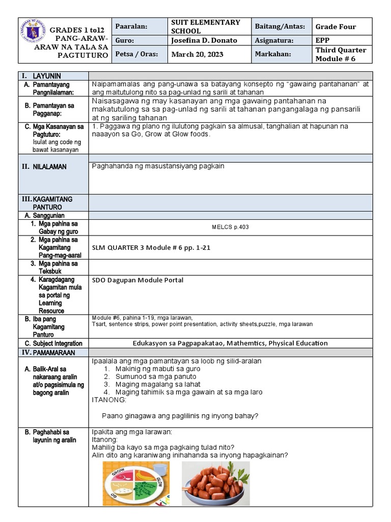 COT-DLL-EPP-4 - Paghahanda NG Masustansiyang Pagkain | PDF