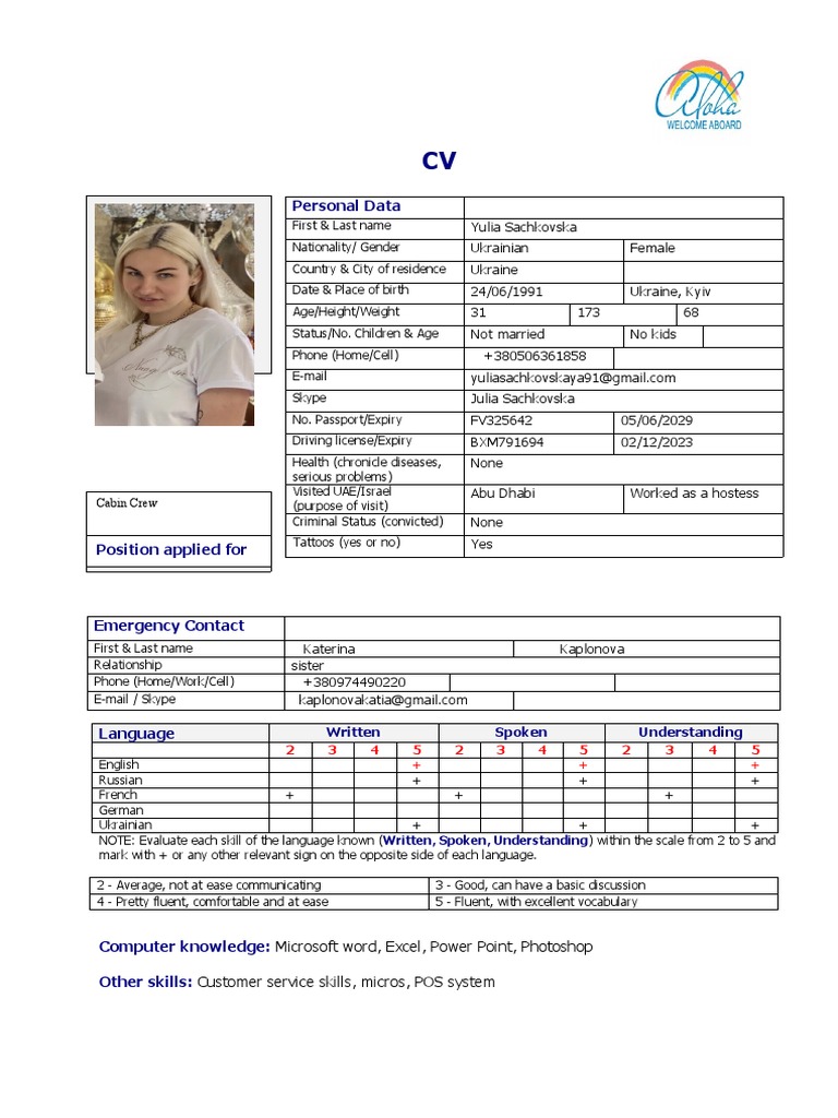CV Cabin Crew Yulia Sachkovska | PDF | Cognition | Linguistics
